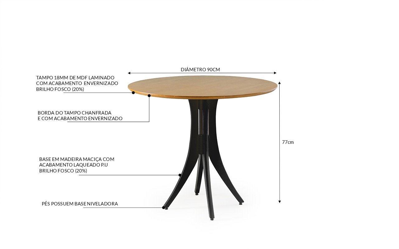 Mesa Redonda Pequena 4 lugares Juliette 90cm Amêndoa e Laca Preto