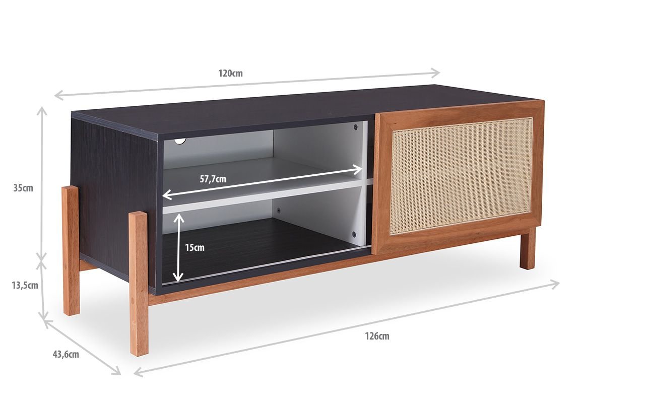 Rack Pequeno para TV Eric 120 cm MDF Preto e Madeira JT com Palhinha