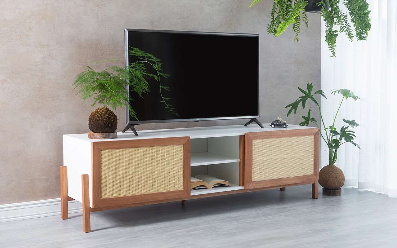 Rack Branco para Sala de TV Eric 160 cm MDF Branco e Madeira JT com ...