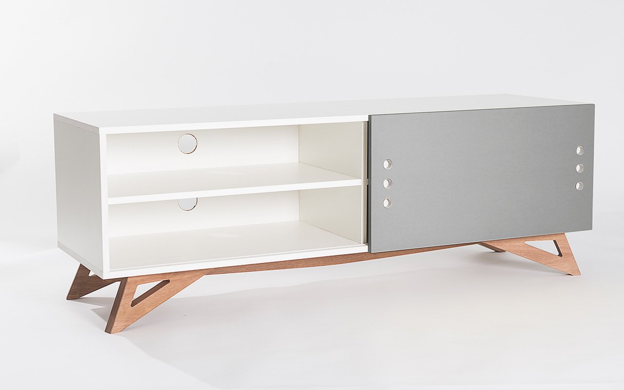 Rack com Porta de Correr para TV Freddie 140 cm MDF Branco e Cinza