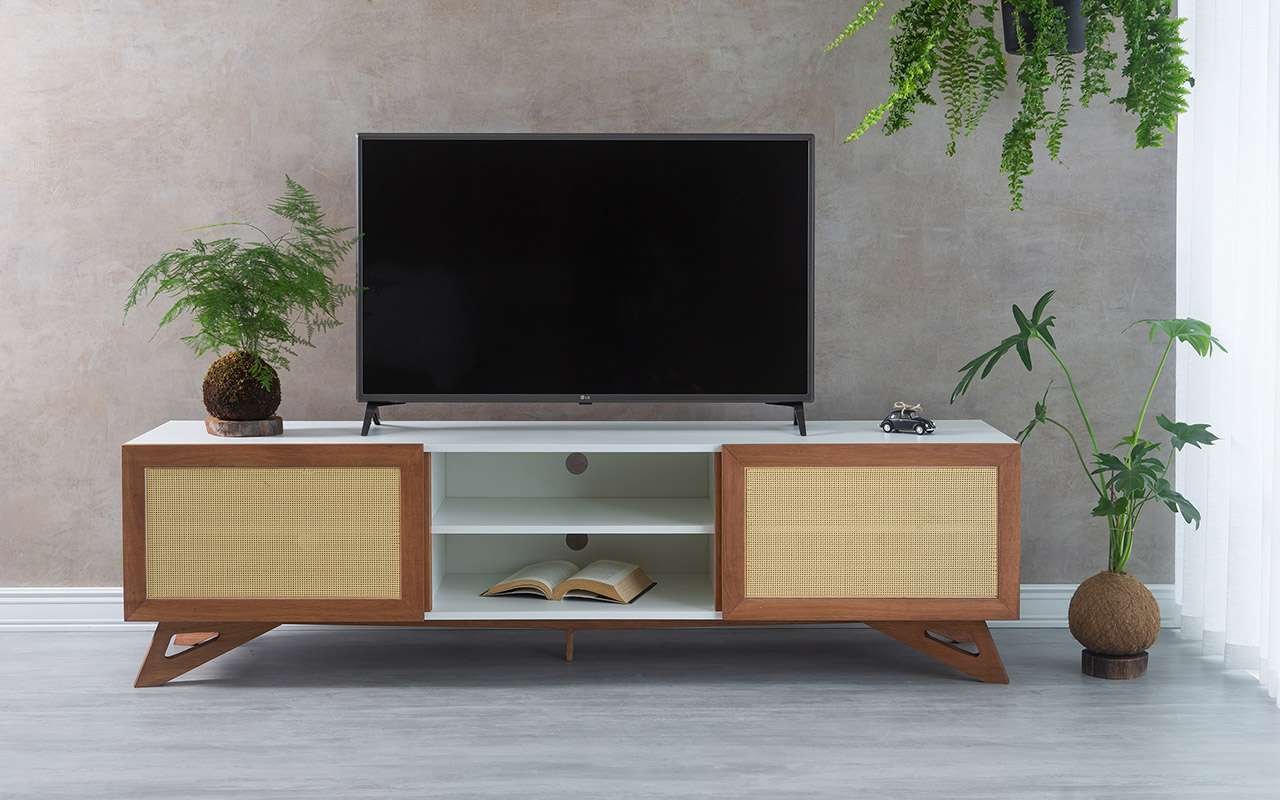 Rack de Sala Branco com Portas Freddie 180 cm MDF Branco e Madeira JT ...