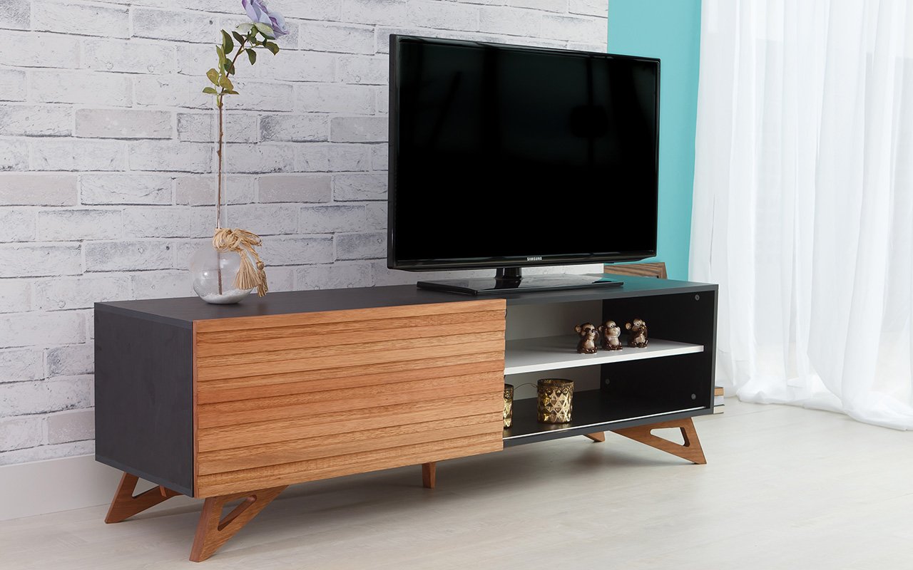 Rack Moderno para TV Freddie 180 cm MDF Preto e Madeira JT com Palhinha