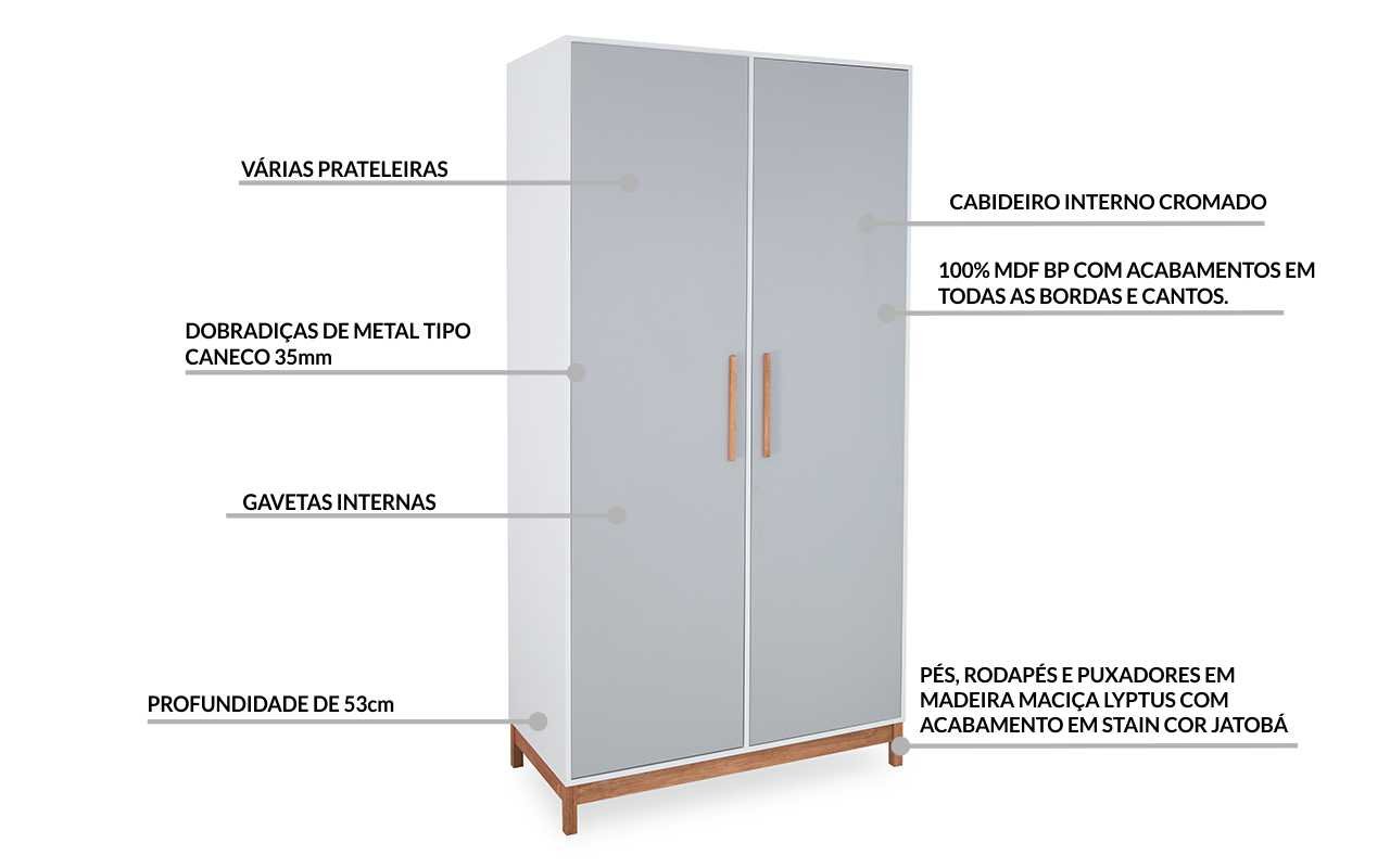 Roupeiro Solteiro 2 Portas Moore MDF Branco e Cinza