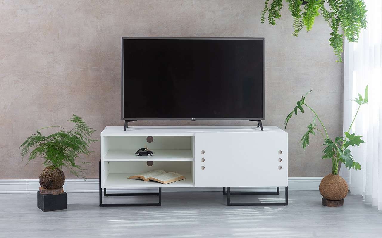 Rack Pequeno Estilo Industrial com Porta de Correr Crosby 120 cm MDF Branco