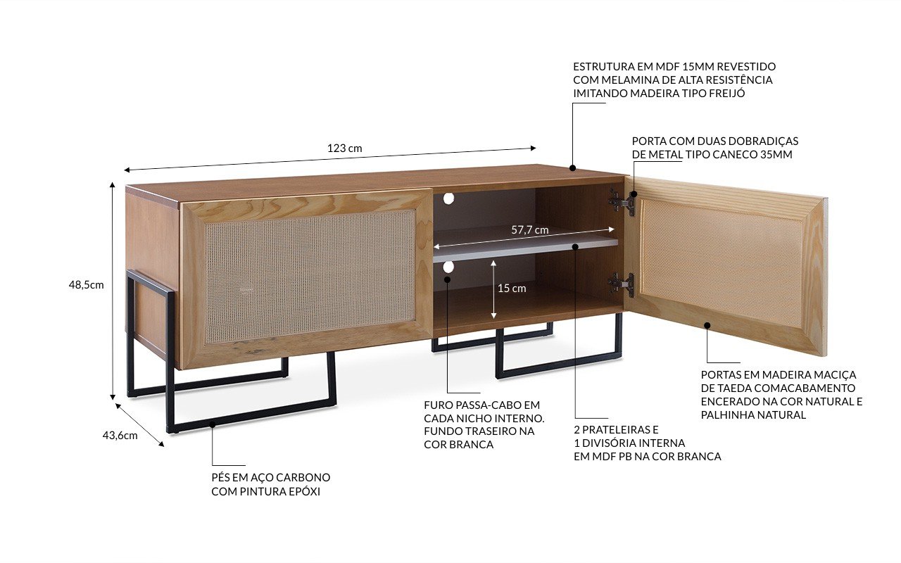 Rack com Pés de Metal 2 Portas Crosby 120 cm MDF Freijó e Madeira ...