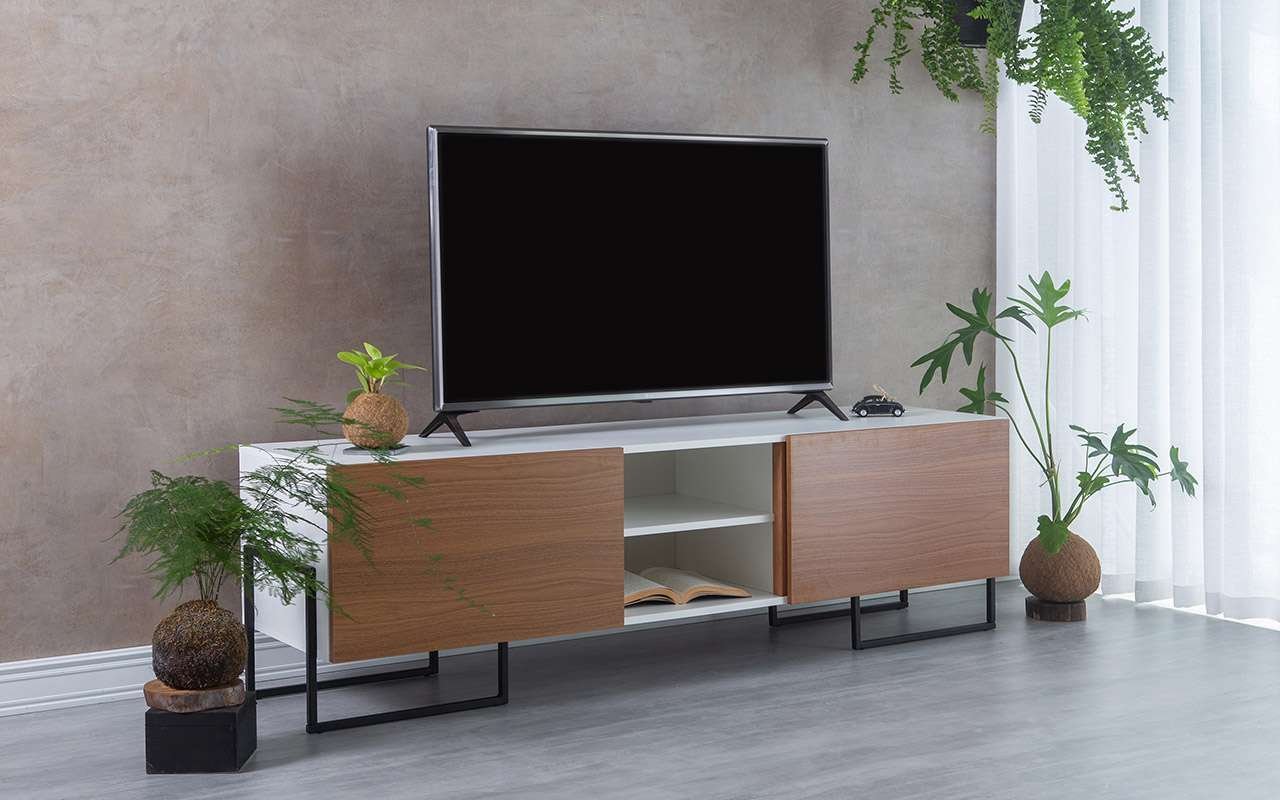 Rack 2 Portas Estilo Industrial Crosby 160 cm MDF Branco e Freijó