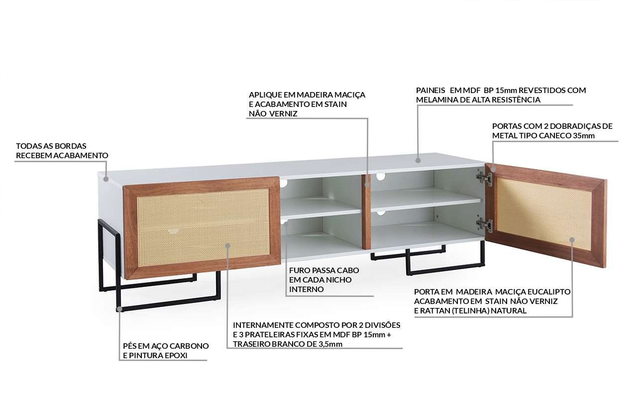 Rack 2 Portas Estilo Industrial Crosby 160 cm MDF Branco e Madeira JT ...
