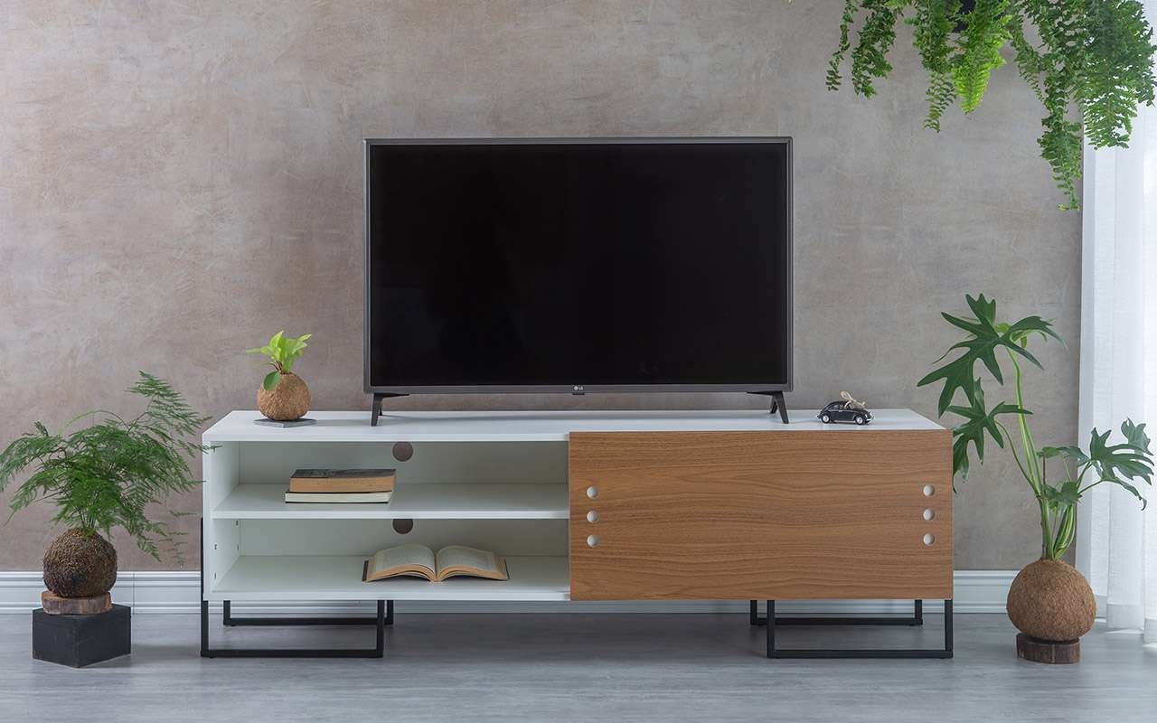 Rack TV Branco com Porta de Correr Pés Metal Crosby 160 cm MDF Branco e ...