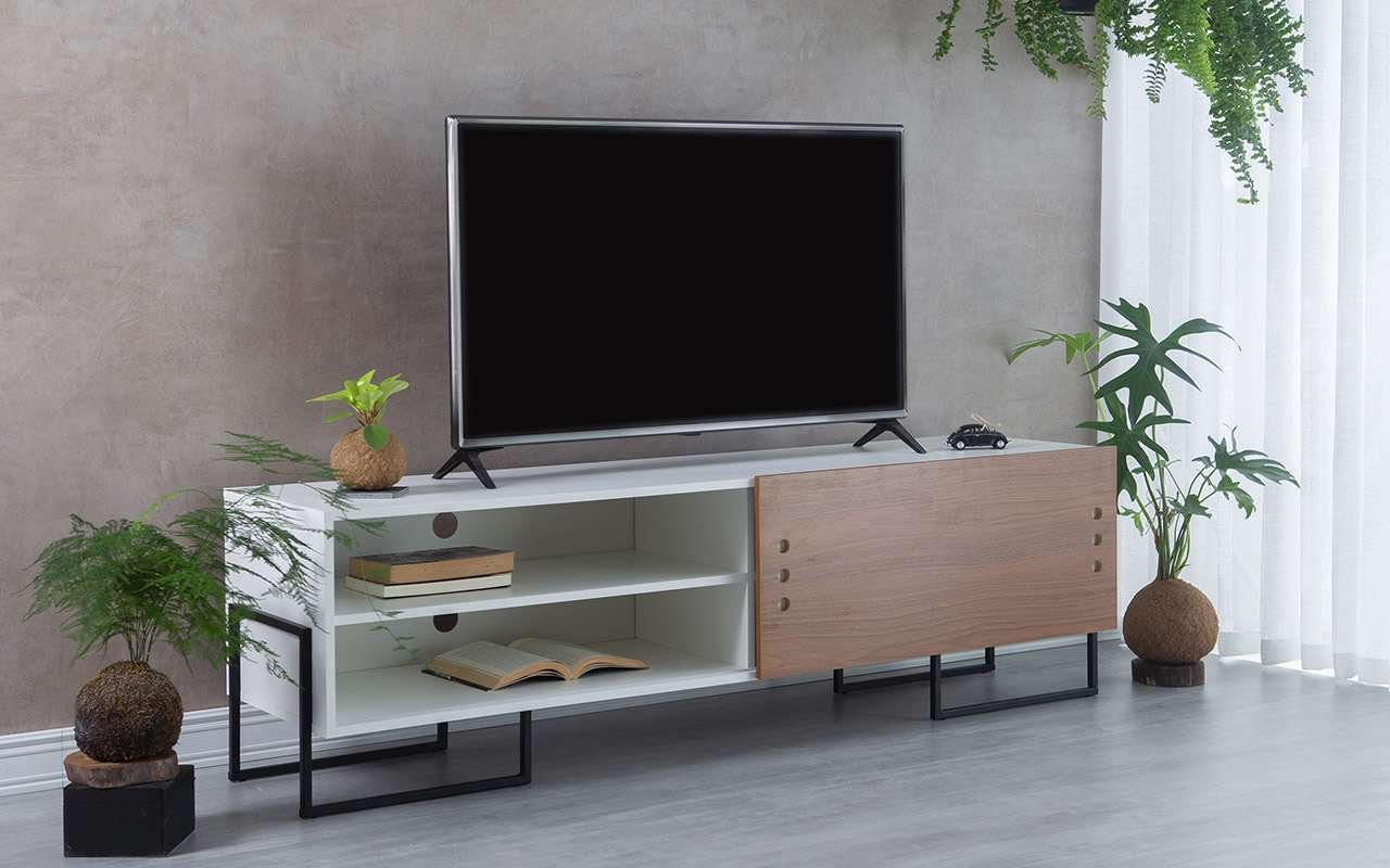 Rack TV Branco com Porta de Correr Pés Metal Crosby 160 cm MDF Branco e ...