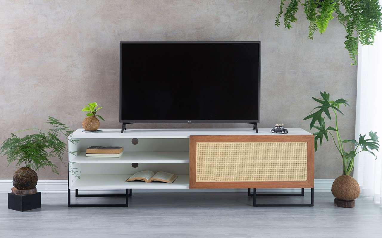 Rack TV Branco com Porta de Correr Pés Metal Crosby 160 cm MDF Branco e ...