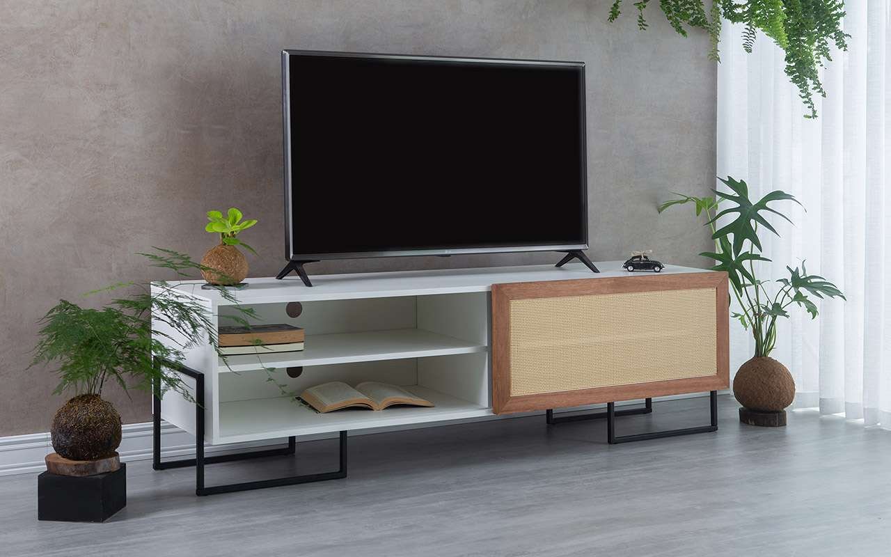 Rack TV Branco com Porta de Correr Pés Metal Crosby 160 cm MDF Branco e ...