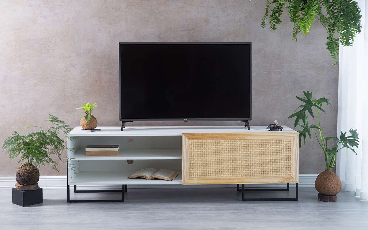 Rack TV Branco com Porta de Correr Pés Metal Crosby 160 cm MDF Branco e ...