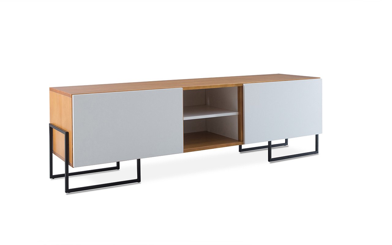 Rack Sala Estilo Industrial 2 Portas Crosby 160 cm MDF Freijó e Branco