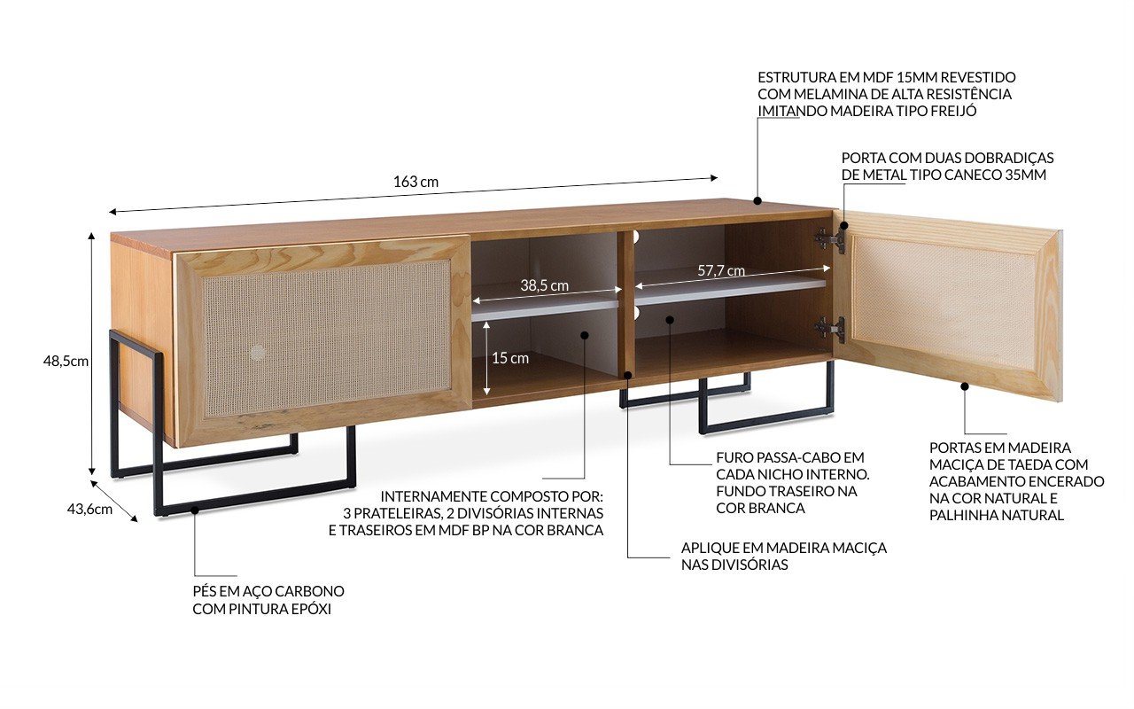 Rack Sala Estilo Industrial 2 Portas Crosby 160 cm MDF Freijó e Madeira ...