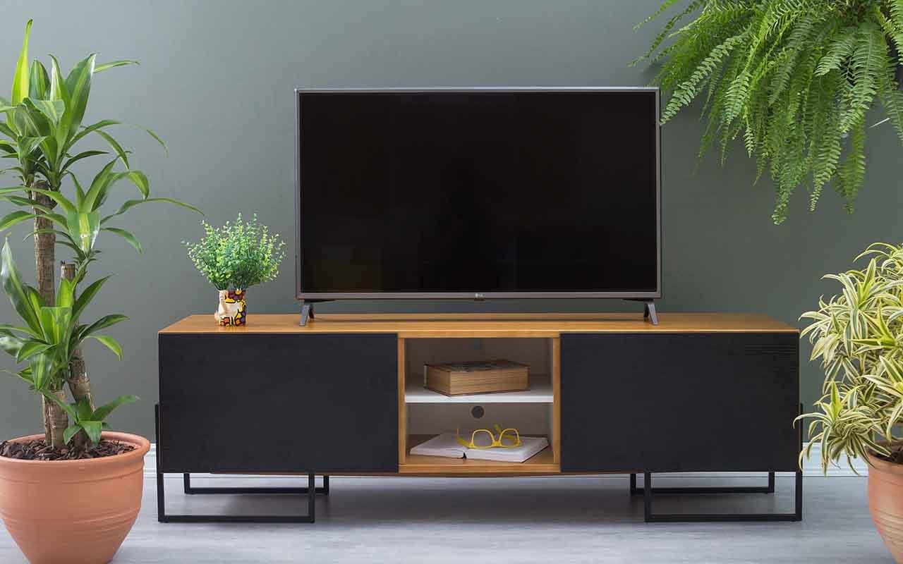 Rack Sala Estilo Industrial 2 Portas Crosby 160 cm MDF Freijó e Preto