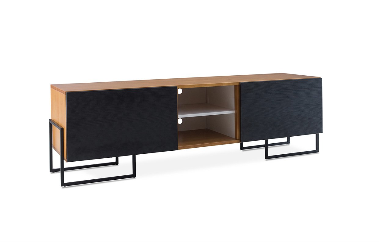 Rack Sala Estilo Industrial 2 Portas Crosby 160 cm MDF Freijó e Preto