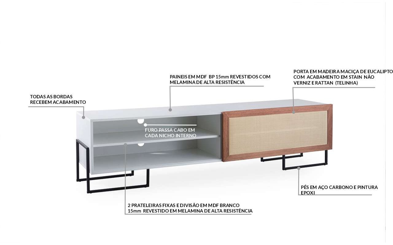 Rack Branco Moderno com Pés de Metal Crosby 180 cm MDF Branco e Madeira ...