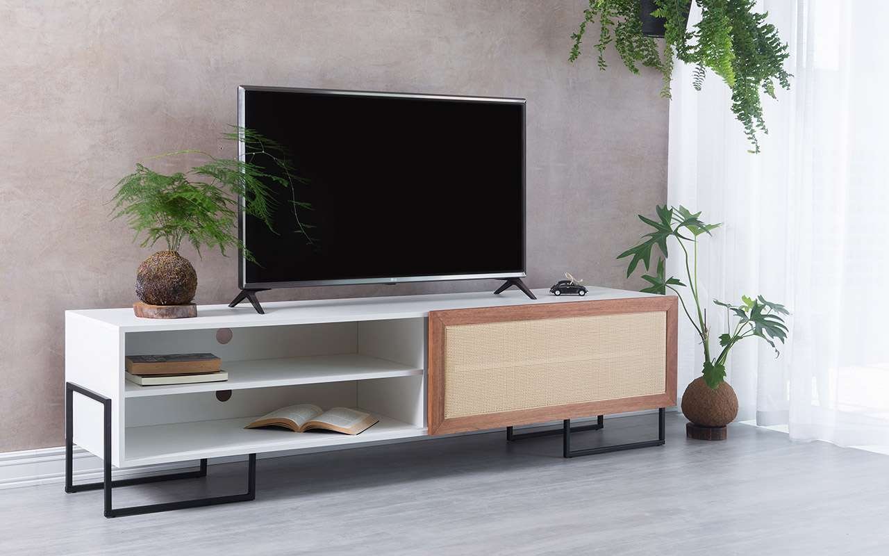 Rack Branco Moderno com Pés de Metal Crosby 180 cm MDF Branco e Madeira ...