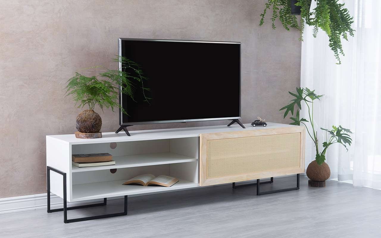 Rack Branco Moderno com Pés de Metal Crosby 180 cm MDF Branco e Madeira ...