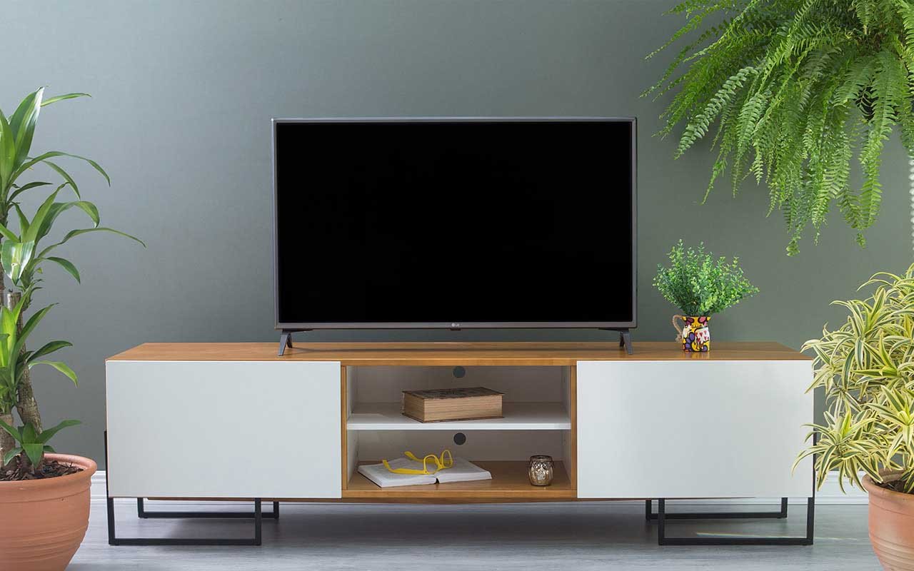 Rack TV com Pés de Metal 2 Portas Crosby 180 cm MDF Freijó e Branco