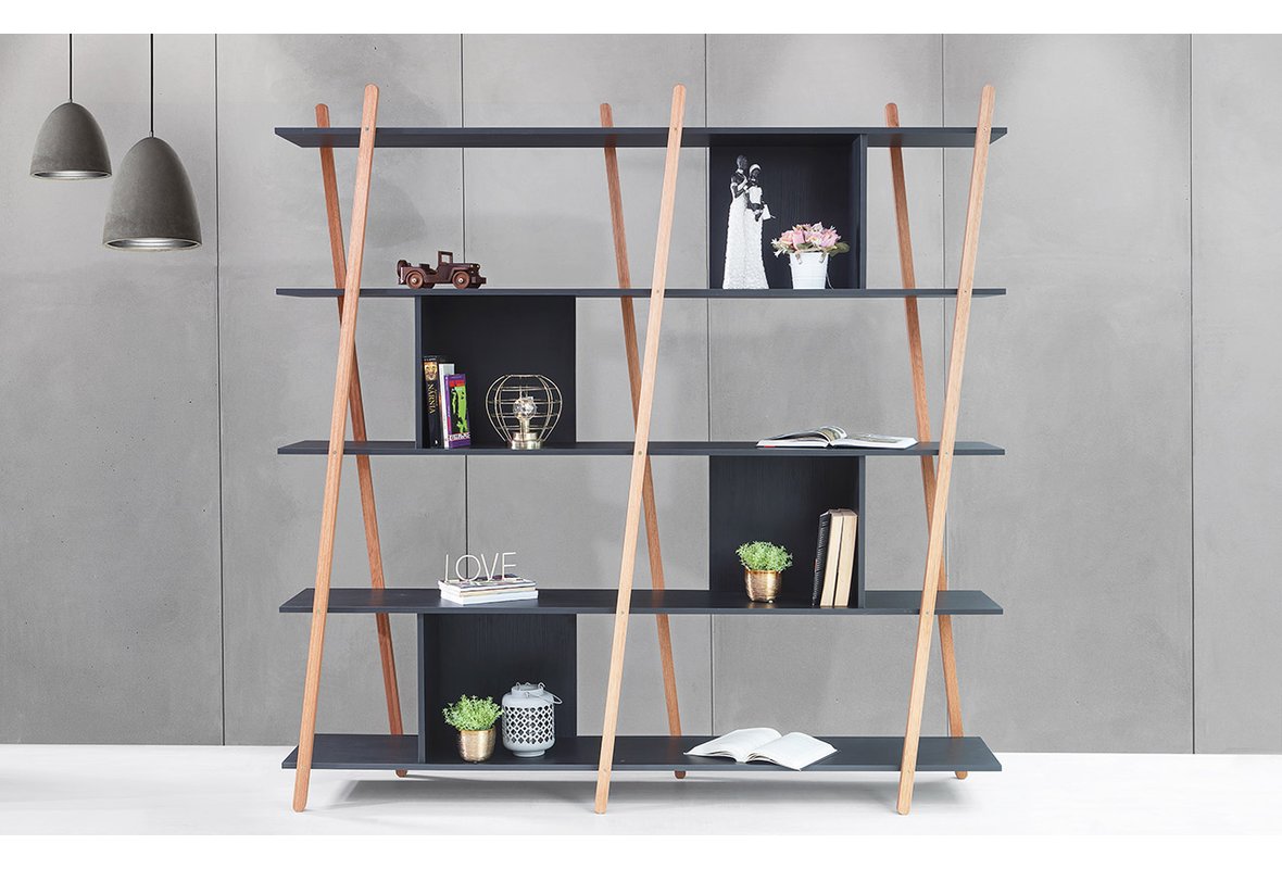 Estante Preta Para Sala Sue 180 Cm Mdf Preto E Madeira Jt