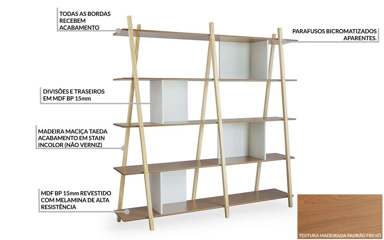 Estante de Livros Moderna Sue 180 cm MDF Freijó e Branco e Madeira Natural