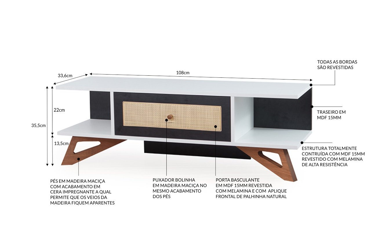 Rack Pequeno de TV Stills MDF Branco e Preto e Madeira JT