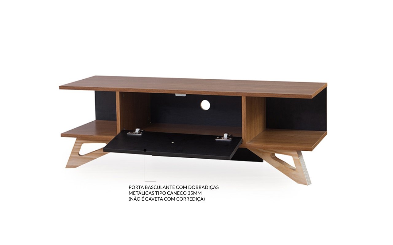 Rack TV para Sala pequena Stills MDF Freijó e Preto e Madeira Natural