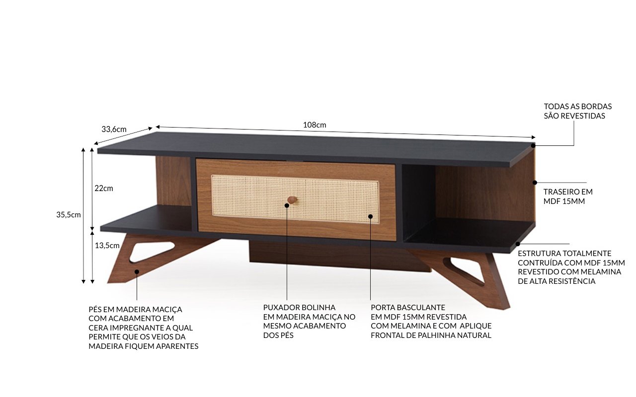 Rack para TV Pequeno Stills MDF Preto e Freijó e Madeira JT