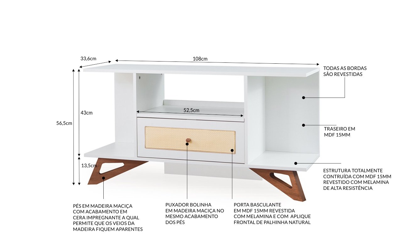 Rack Pequeno para Sala Stills MDF Branco e Madeira JT