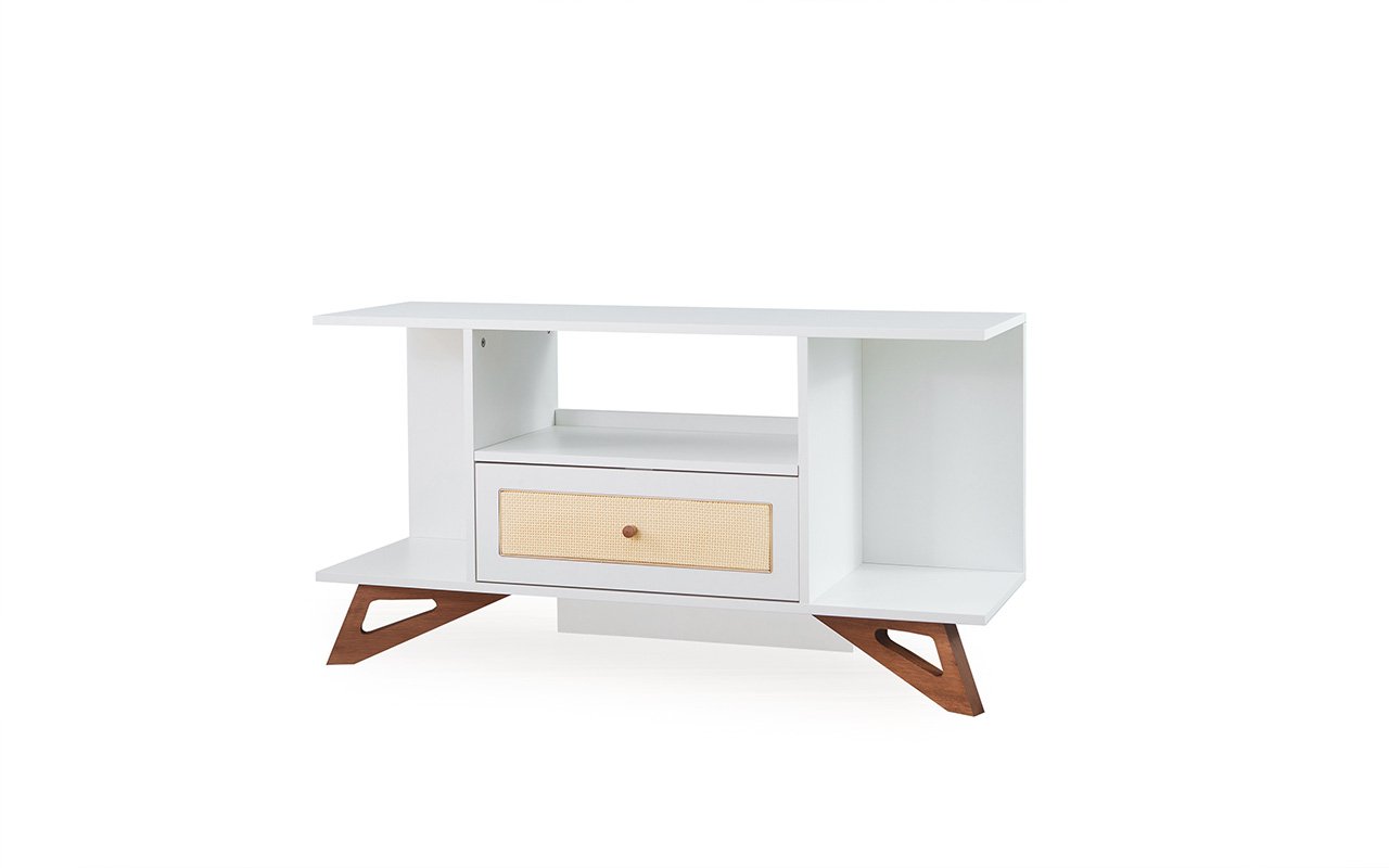 Rack Pequeno para Sala Stills MDF Branco e Madeira JT