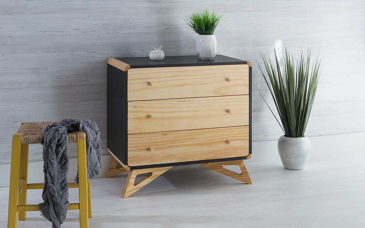 Cômoda Pequena de Madeira 3 Gavetas Presley MDF Preto e Madeira Natural