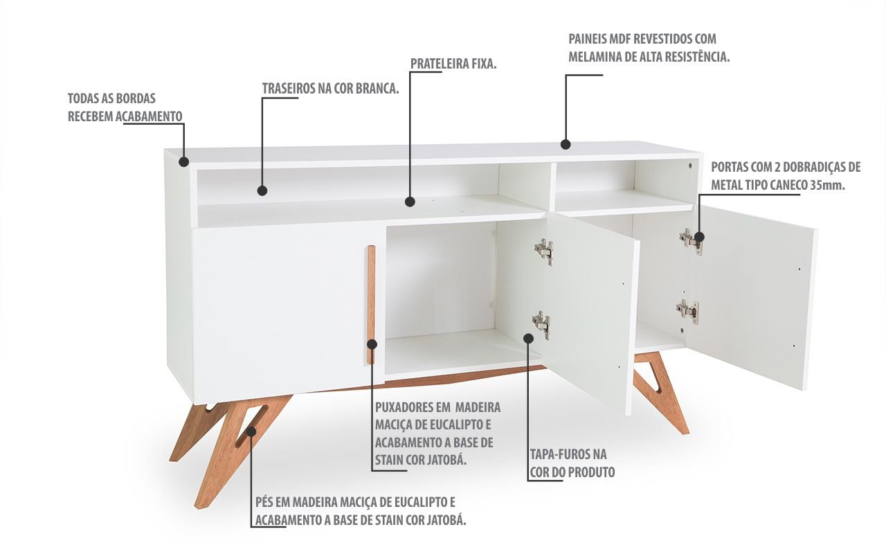 Armário Buffet para Sala Moderno 3 Portas e Nichos Freddie MDF Branco