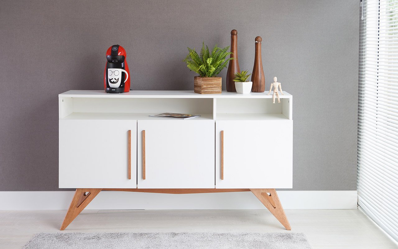 Armário Buffet para Sala Moderno 3 Portas e Nichos Freddie MDF Branco