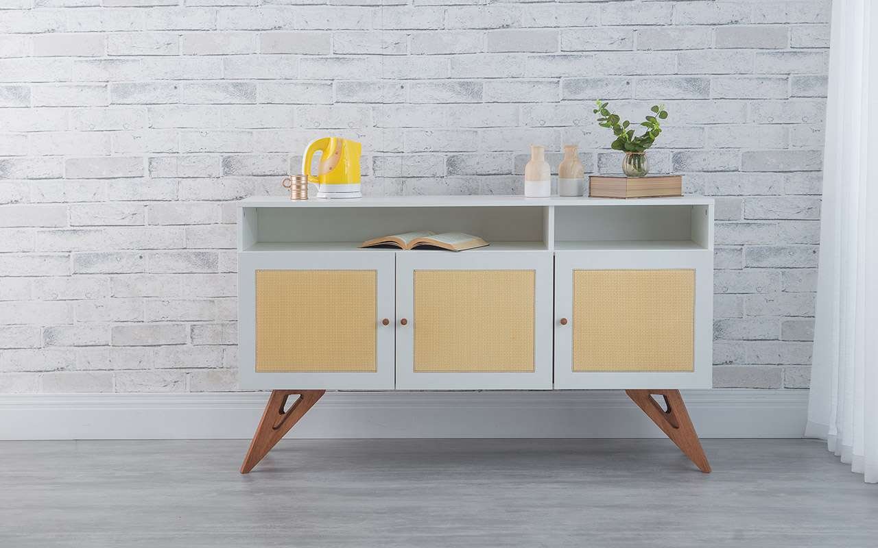 Armário Buffet para Sala Moderno 3 Portas e Nichos Freddie MDF Branco e ...