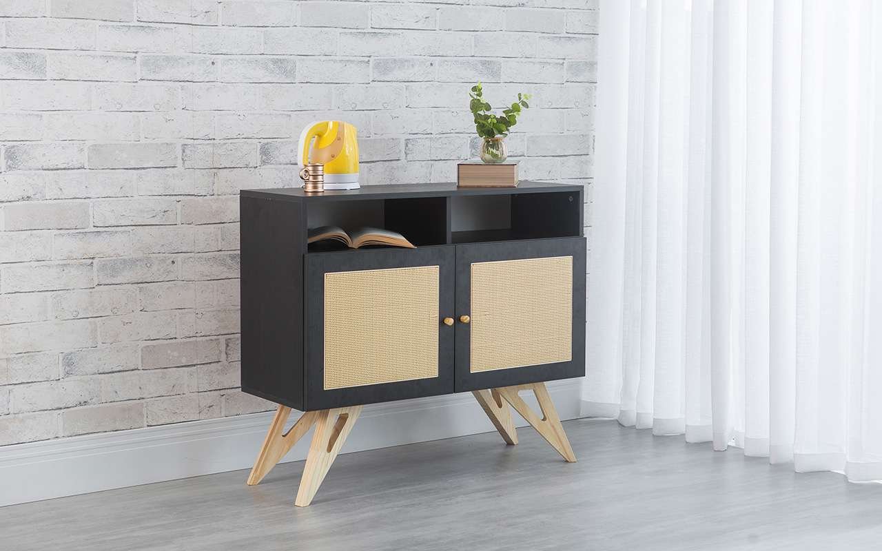 Armário Buffet 2 Portas com Nicho Freddie MDF Preto e Madeira Natural ...