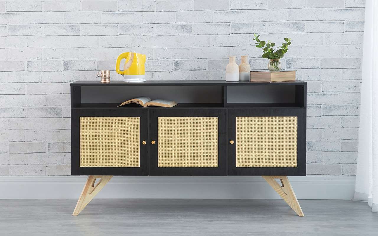 Armário Buffet 3 Portas e Nichos Freddie MDF Preto e Madeira Natural ...