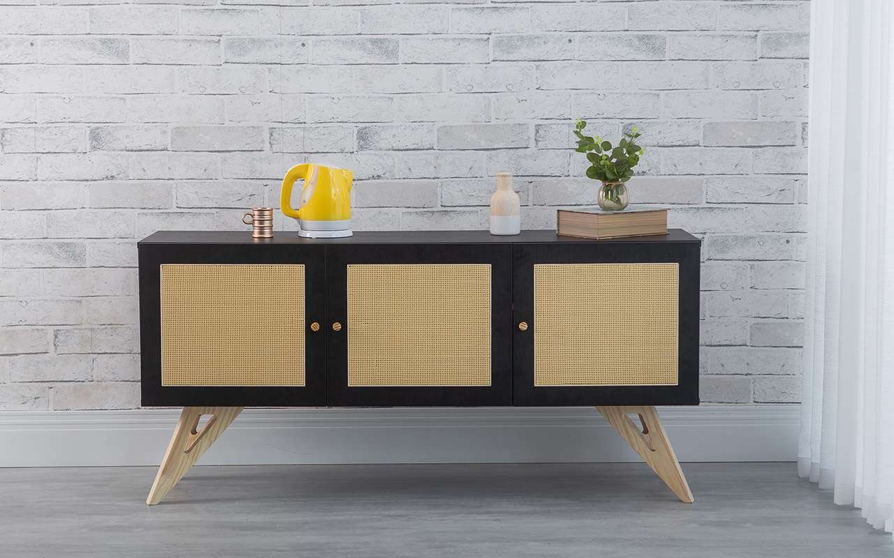 Armário Buffet para Sala de Jantar 3 Portas Freddie MDF Preto e Madeira ...