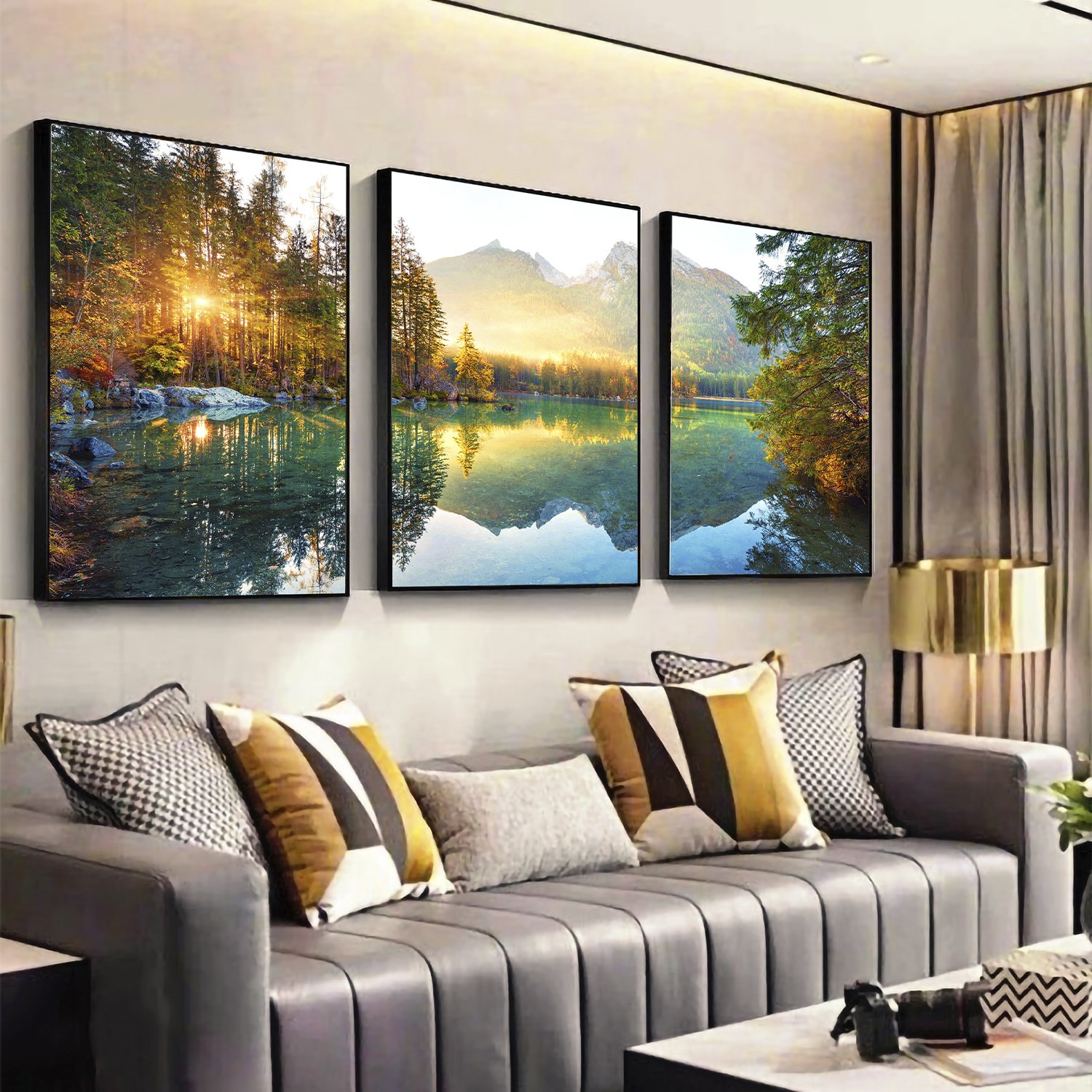 Quadro Decorativo 3 Telas Natureza Lago Floresta e Montanhas