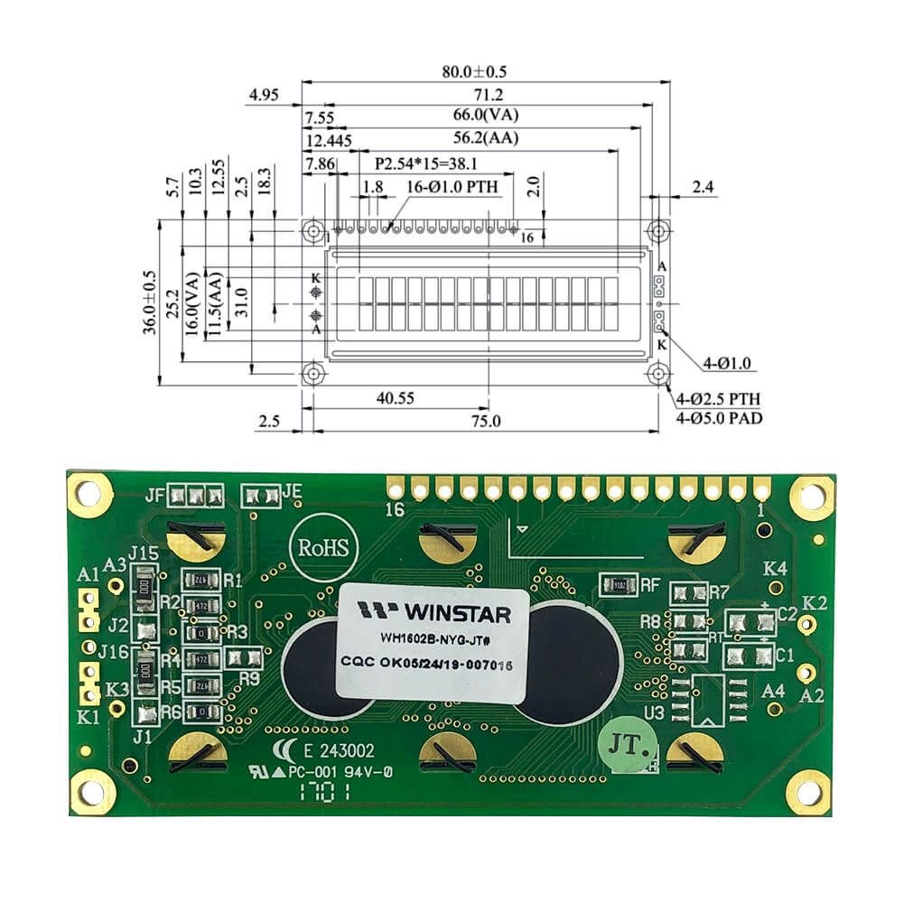 Display LCD WINSTAR WH-1602B-NYG 16X2 sem Back