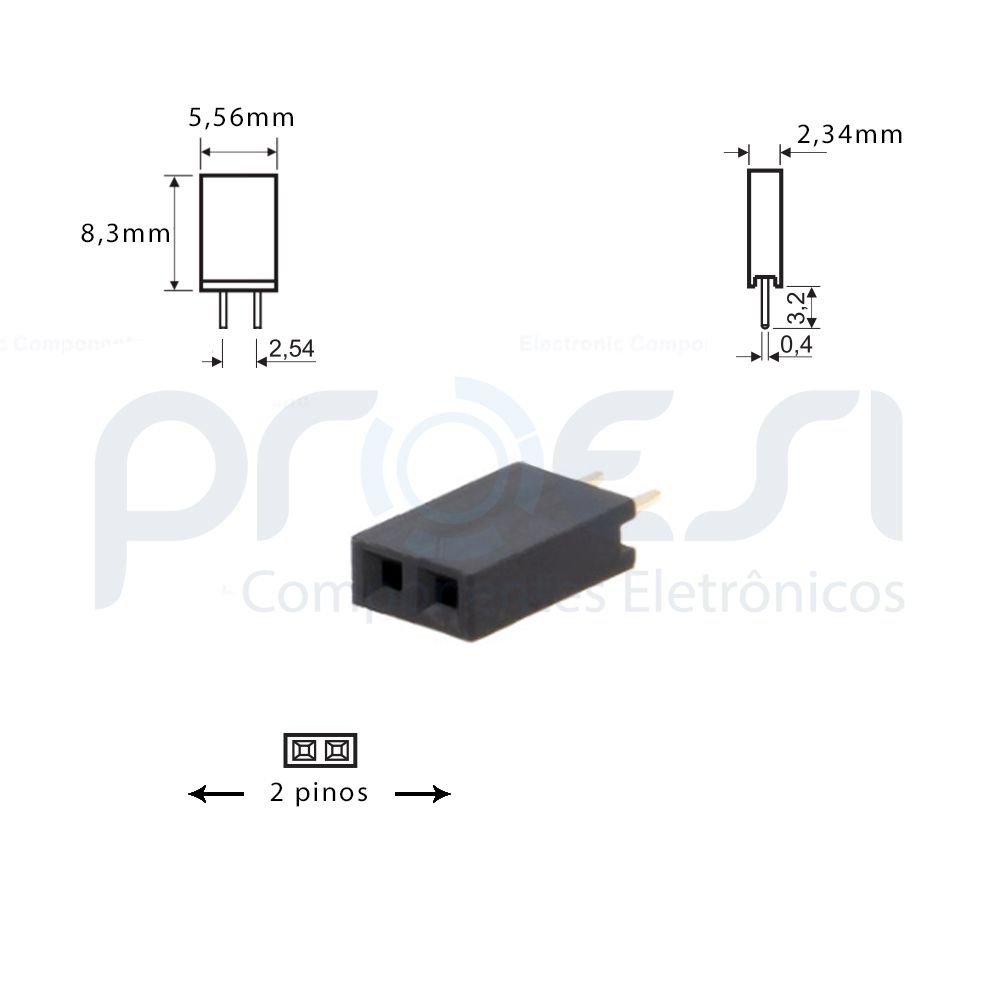 Conector Barra Pino Fêmea PCI 1X2 - MCI 2,54mm 180°