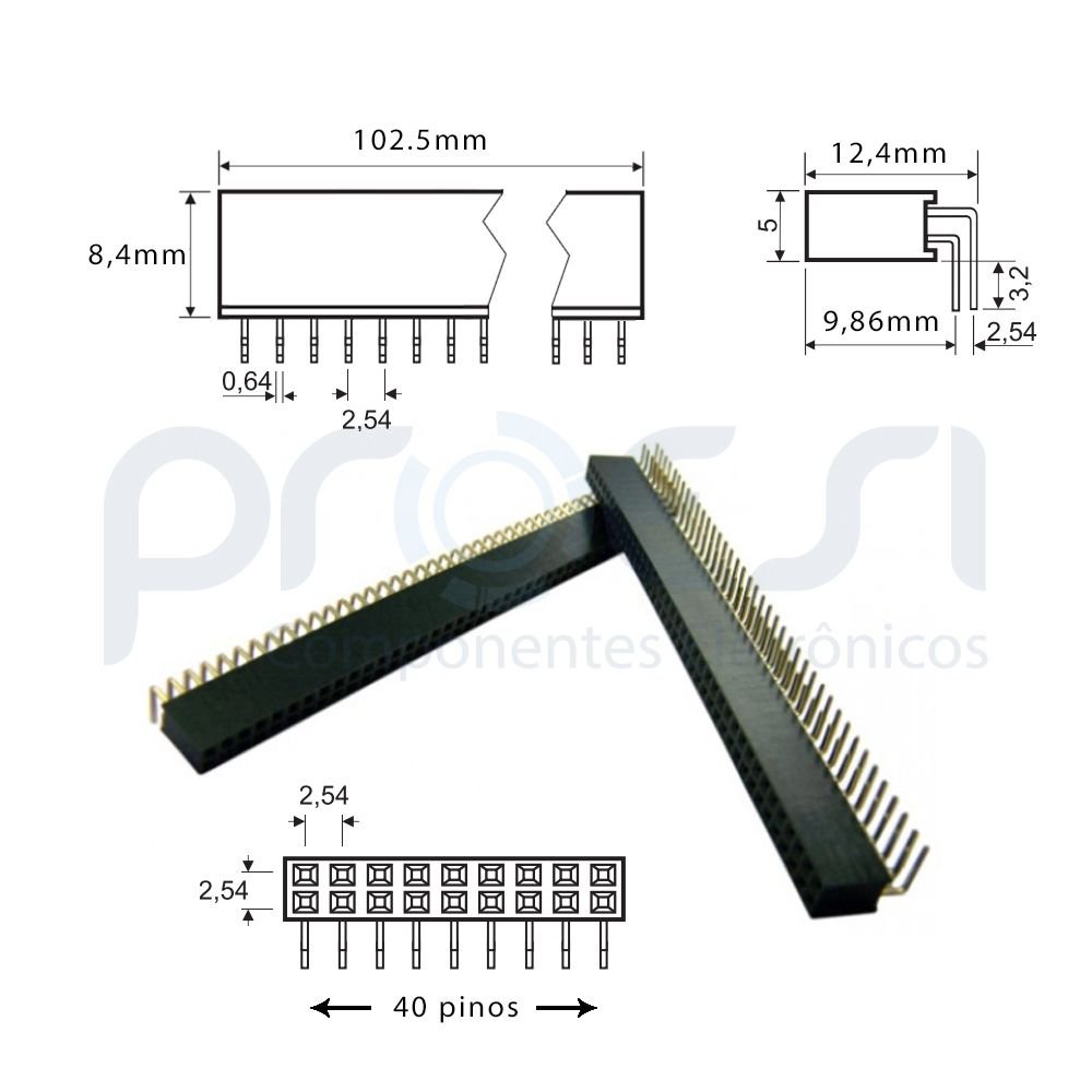 Barra de Pinos Fêmea PCI 2X40 - Passo 2,54mm - 90°