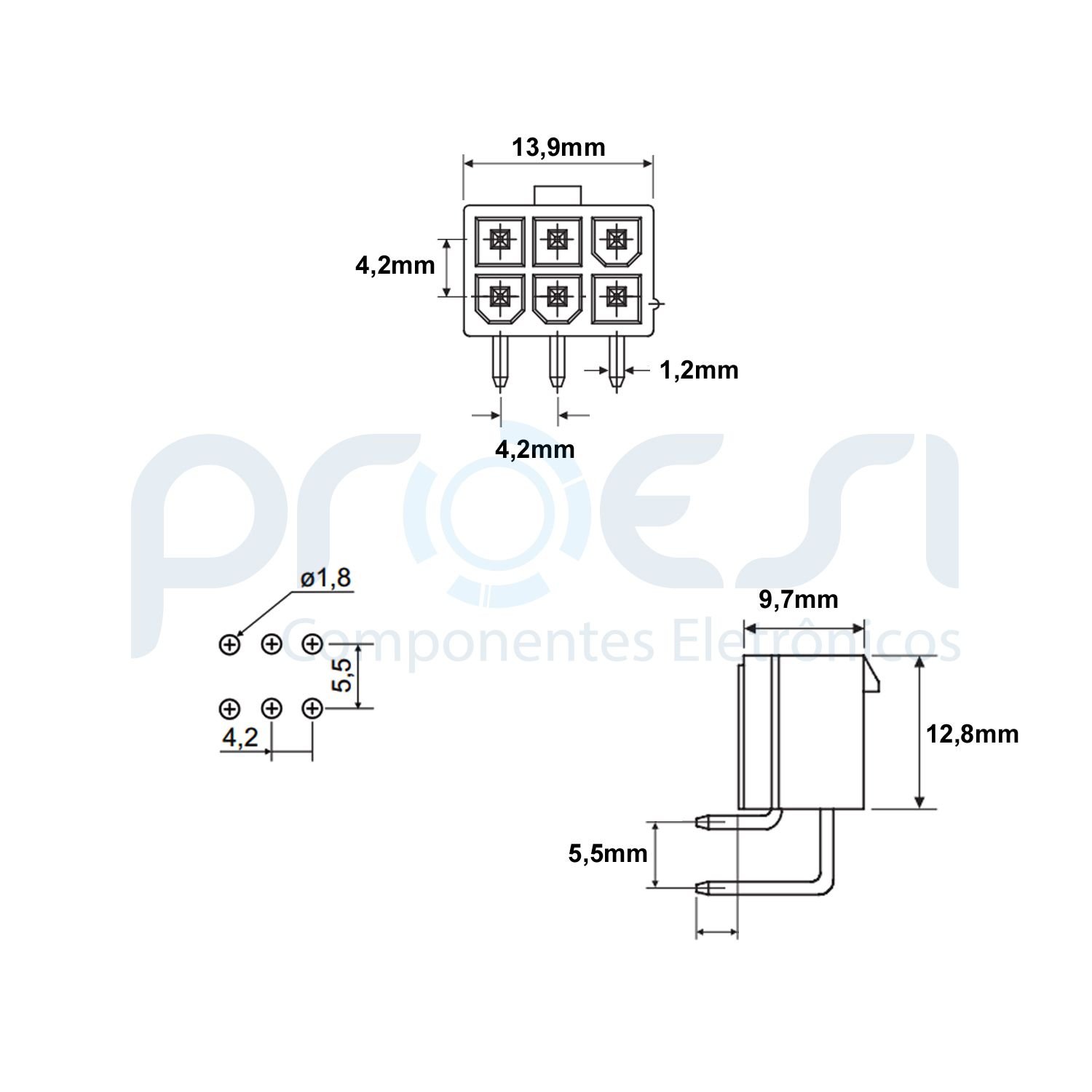 Conector Mini Fit PCI | 90° | 2x3 - 6 Vias