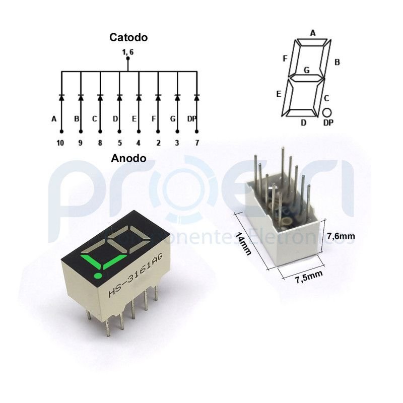 Display 7 Segmentos - Verde | Catodo Comum | HS-3161AG | 14x7,5mm
