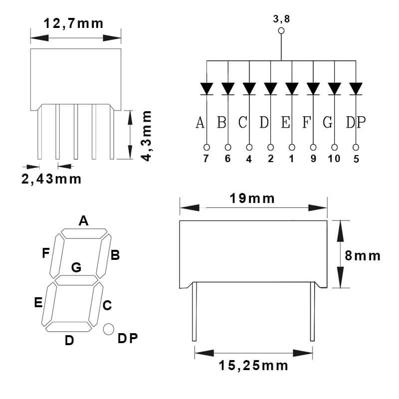 Display 7 Segmentos - Vermelho | Anodo Comum | HS-5101BS | 19x12,7mm