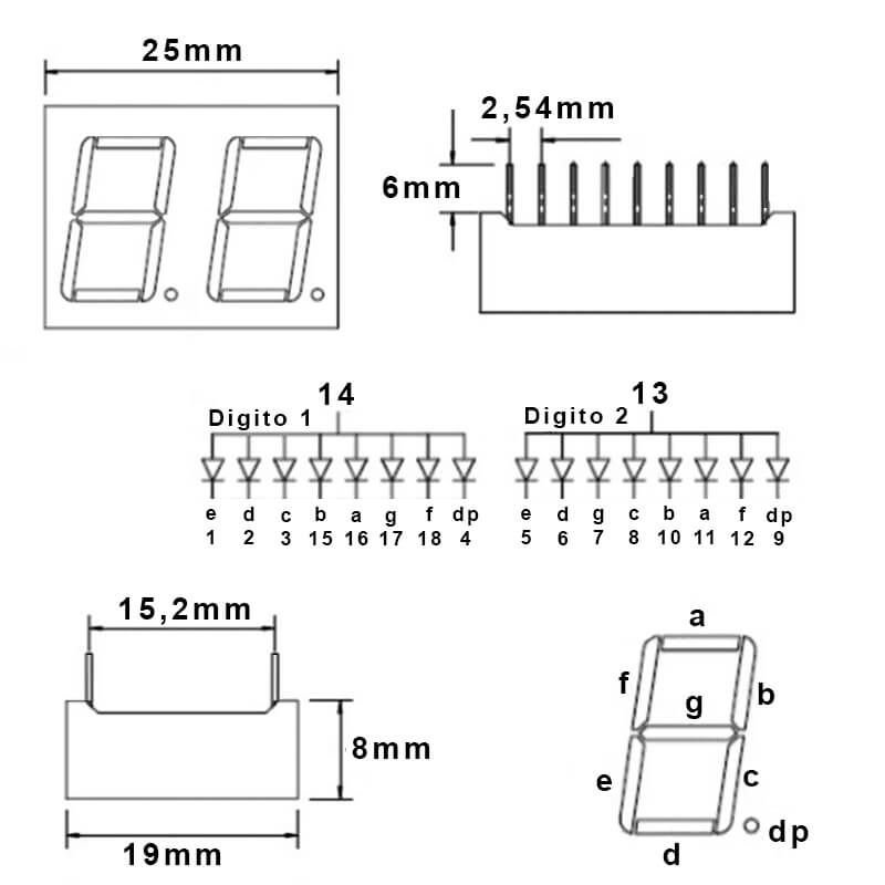 Display 7 Segmentos - Vermelho | Duplo | Anodo Comum | D161A | 25x17mm