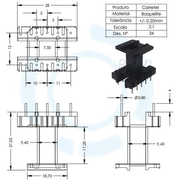 Carretel E30/15/7 - 10 Terminais Vertical