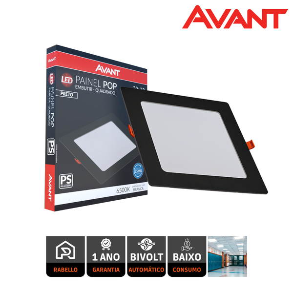 Painel Led Pop Preto Plafon Quadrado Avant Embutir 18w 6500k