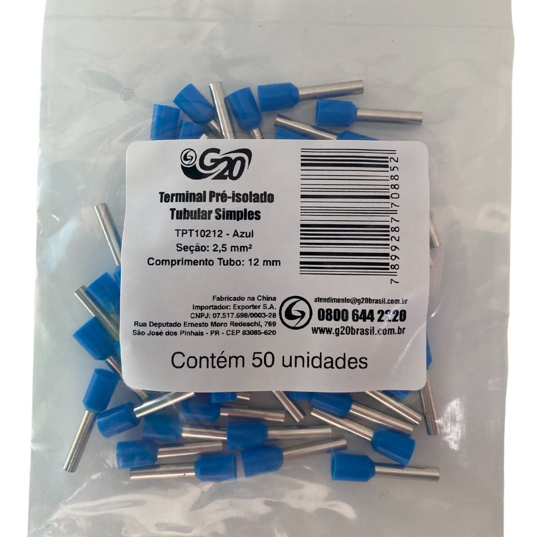 Terminal Pré-Isolado Pino Tubular 2,5mm² - Azul - 50 Unidades