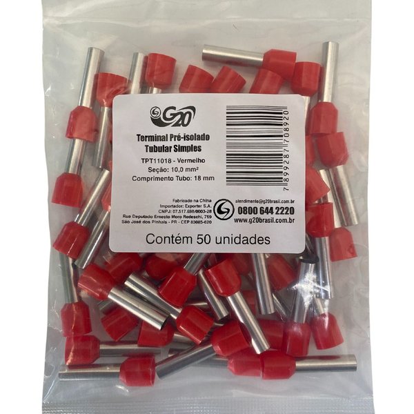Terminal Pré-Isolado Pino Tubular 10,0mm² - Vermelho - 50 Unidades